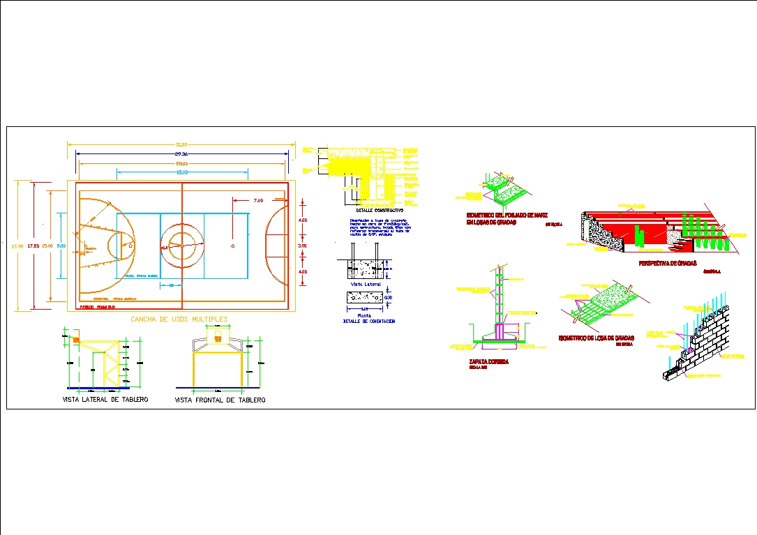 Cancha usos multiples y gradas en AutoCAD | CAD (213.97 KB) | Bibliocad