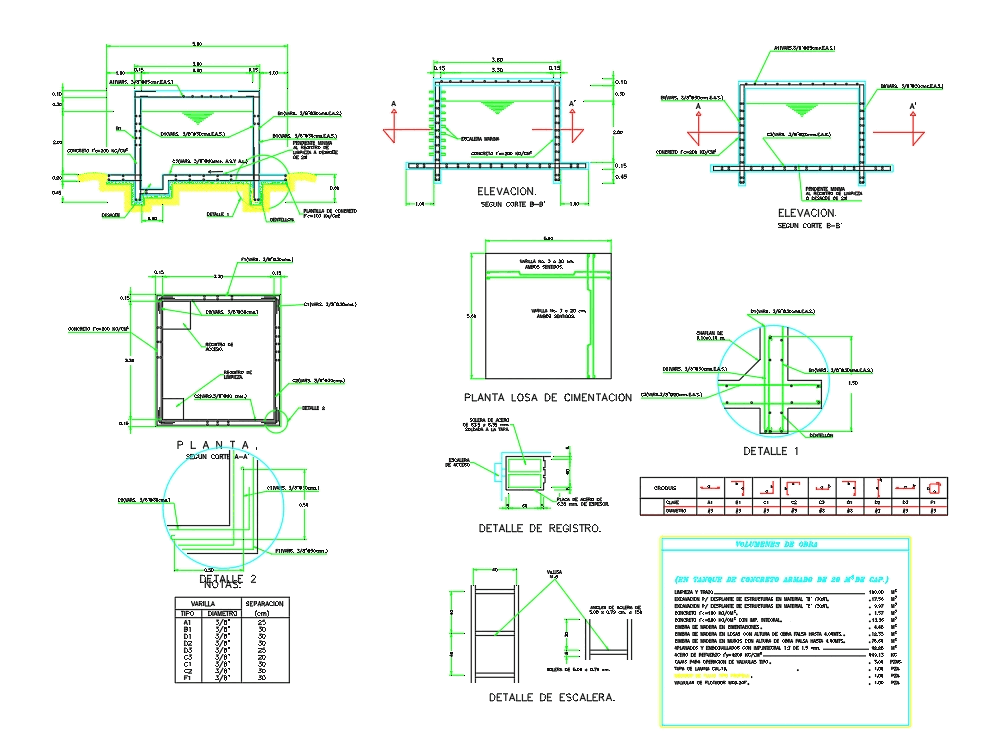 Tanque de concreto armado de 20 m3 en AutoCAD | CAD (130.07 KB) | Bibliocad