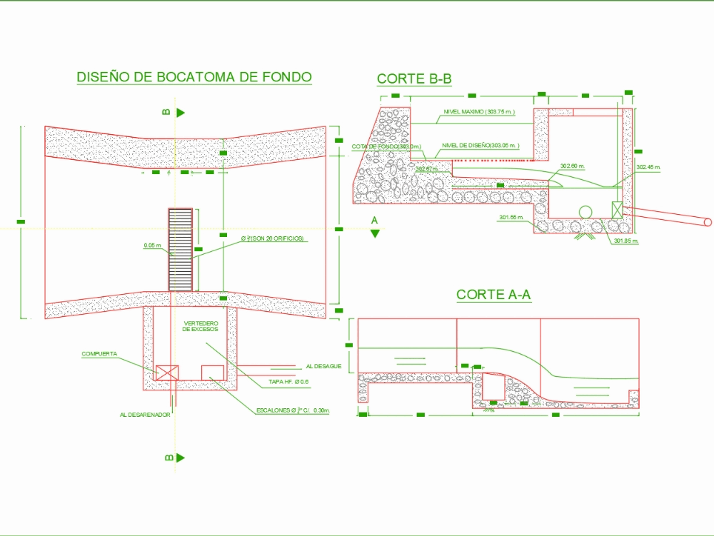 Bocatoma de fondo en AutoCAD | Descargar CAD (58.06 KB) | Bibliocad
