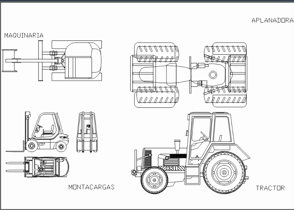 Tractor agricola y montacargas en AutoCAD | CAD (106.69 KB) | Bibliocad