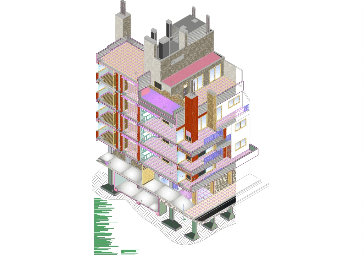 Axonometrica edificio con detalles constructivos (4.96 MB) | Bibliocad