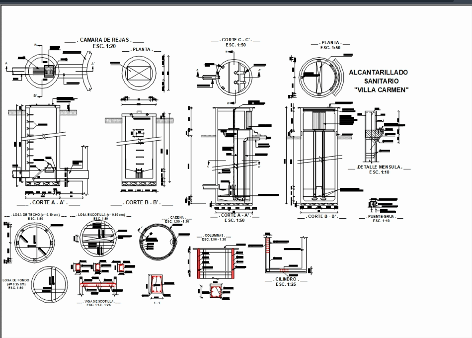 Cámara de rejas y carcamo de bombeo en AutoCAD | CAD (214.36 KB) | Bibliocad