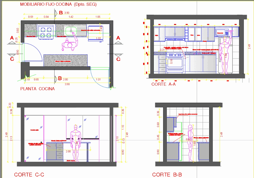 Kitchenette - anthropometry in AutoCAD | CAD (407.31 KB) | Bibliocad
