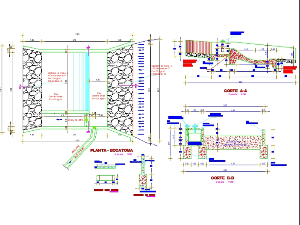 Bocatoma para canal de riego en AutoCAD | CAD (1.48 MB) | Bibliocad
