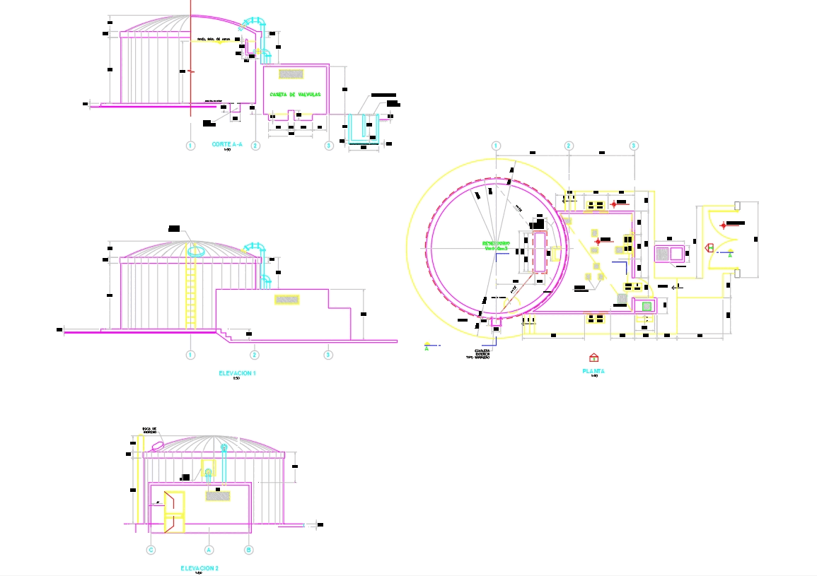 Diseño de reservorio vol. 200 m3 en AutoCAD | CAD (623.97 KB) | Bibliocad
