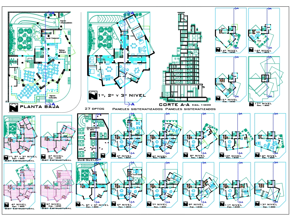 Residential commercial tower plan in ZIP | CAD (912.69 KB) | Bibliocad